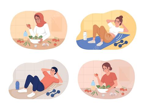 Set Of 2d Vector Illustrations Depicting A Balanced Diet And Exercise Regimen For Good Health
