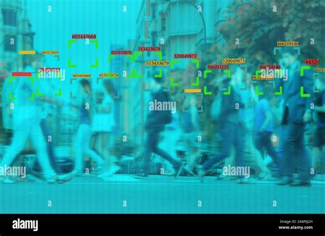 Face Recognition Technology Concept Illustration Of Big Data And Security In City With Crowd