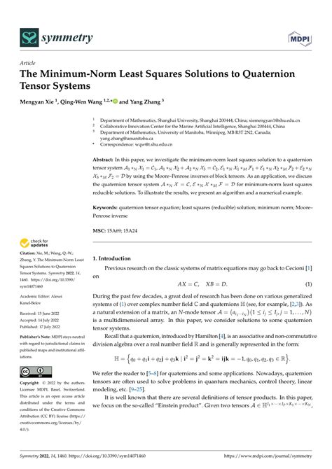 Pdf The Minimum Norm Least Squares Solutions To Quaternion Tensor Systems