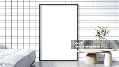 흰색 타일 벽 흰색과 회색 소파 빈 둥근 나무 연단 꽃병 램프 책 바이올린 무화과 고급 인테리어 디자인 아파트 3d 렌더링에 큰