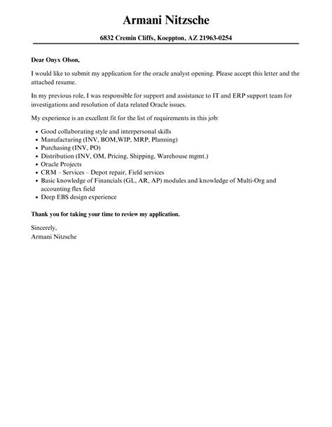 Oracle Analyst Cover Letter Velvet Jobs