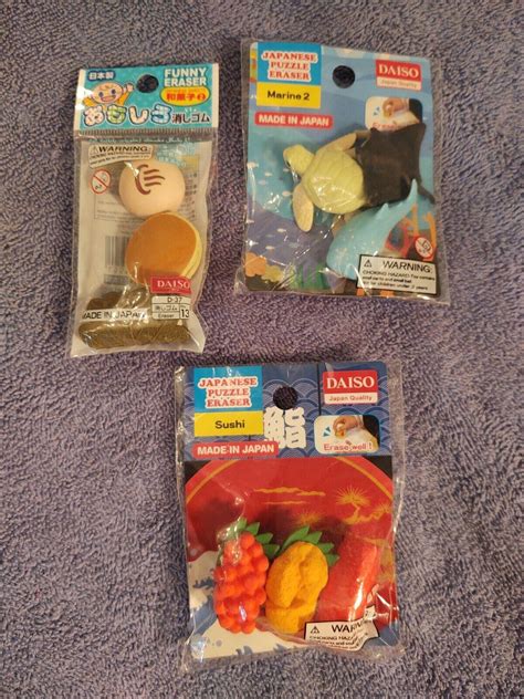 3 New Daiso Packages Of Funny Erasers Japanese Puzzle Marine Sushi Food