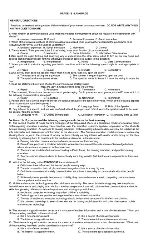 Grade 12 Language Na Grade 12 Language General Directions Grade 12 Language Na Grade 12 Language General Directions