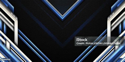 게이머와 스트리머를 위한 메탈릭 육각형 메탈 메쉬 패턴 배경이 있는 미래 지향적인 다크 블루 및 실버 게임 배너 A형 입간판에