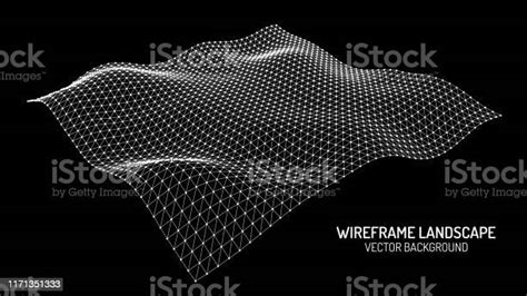수평선에 입자 점과 별과 추상 디지털 풍경 와이어 프레임 풍경 배경입니다 빅 데이터 3d 미래 벡터 그림입니다 80 년대 복고풍 공상 과학 배경 3차원 형태에 대한 스톡
