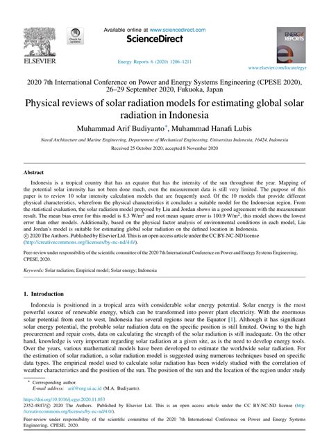 Pdf Physical Reviews Of Solar Radiation Models For Estimating Global Solar Radiation In Indonesia