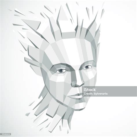 벡터 차원 낮은 폴 리 여성 초상화 조각으로 깨진 인간의 머리의 그래픽 흑백 그림 골절 및 다른 입자를 사용 하 여 만든 3d 철거 개체입니다 0명에 대한 스톡 벡터 아트