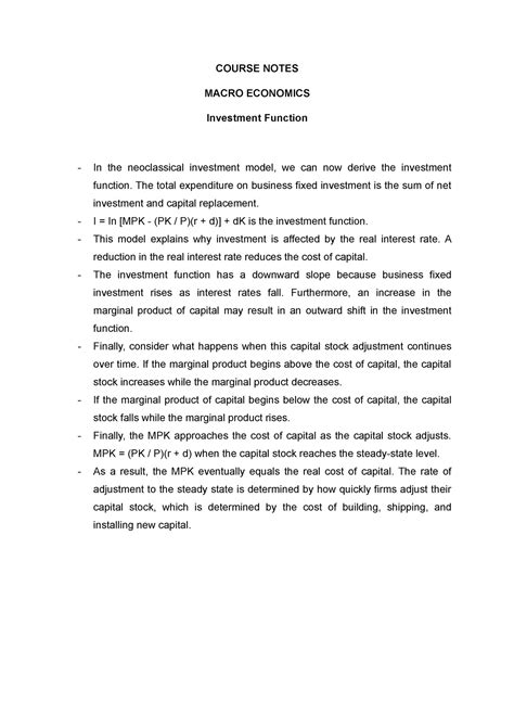 Course Notes Macroeconomics Investment Function Course Notes Macro