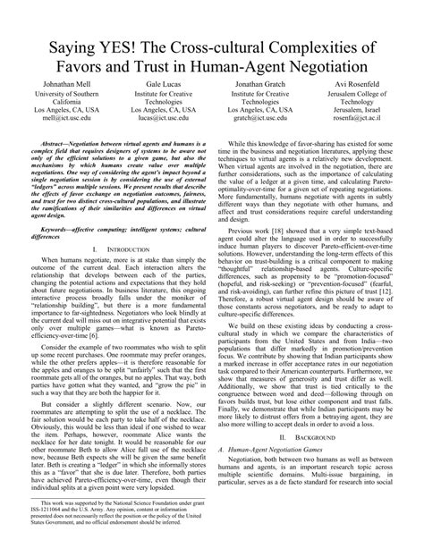 Pdf Saying Yes The Cross Cultural Complexities Of Favors And Trust In Human Agent Negotiation