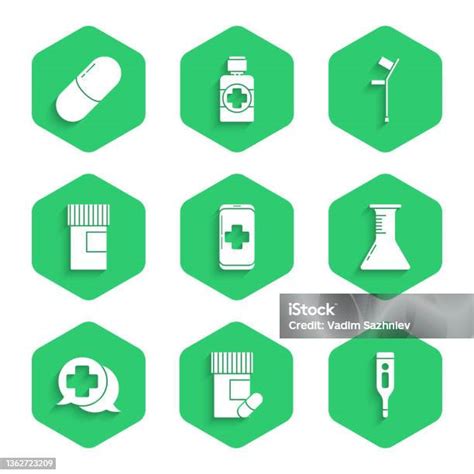 병원 의학 병 및 알약 의료 디지털 온도계 테스트 튜브 플라스크 의사와의 대화 목발 목발 및 태블릿 아이콘에 응급 휴대 전화 통화를 설정합니다 벡터 Brand Name