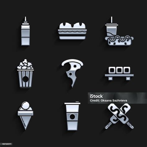 피자 종이 유리와 물 아이스크림 도마에 스시 와플 콘 팝콘 골판지 상자 마시는 빨대 핫도그와 소스 병 아이콘의 슬라이스를 설정합니다 벡터 0명에 대한 스톡 벡터 아트 및
