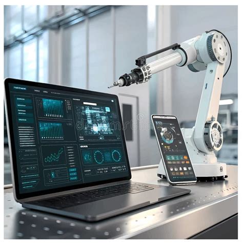 Futuristic Robotic Arm With Laptop And Tablet Interfaces Stock Illustration Illustration Of