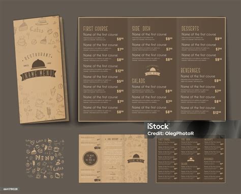 카페와 레스토랑에 대 한 트리플 메뉴를 접는 복고풍의 템플릿 가격에 대한 스톡 벡터 아트 및 기타 이미지 가격 갈색 그런지 이미지 기법 Istock