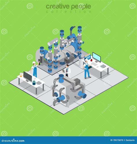Isometric Manufacturing Workers Working On Assembly Line Conveyor With Robotics Arms And