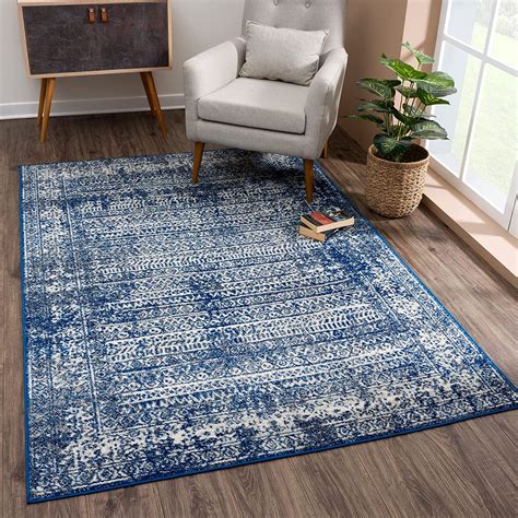 Geometric Blue Area Rug Boho Distressed 6x9 Rug For Living Room