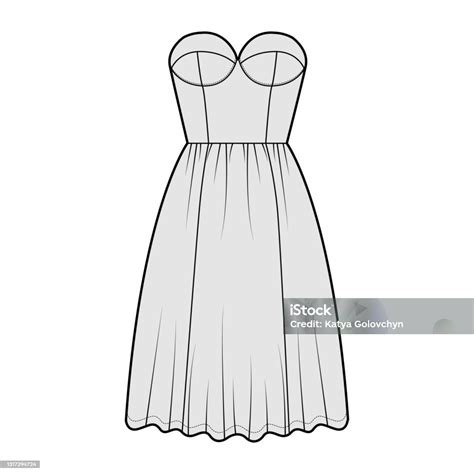 뷔스티에 민소매 스트랩리스 몸에 맞는 무릎 길이 의 주름 스커트가 있는 플레어 드레스 테크니컬 패션 일러스트 0명에 대한 스톡