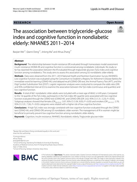 Pdf The Association Between Triglyceride Glucose Index And Cognitive Function In Nondiabetic