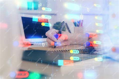 premium photo multi exposure of woman hands on background with technology coding hologram data