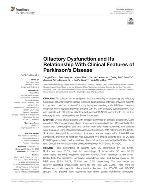Pdf Olfactory Dysfunction And Its Relationship With Clinical Features Of Parkinsons Disease