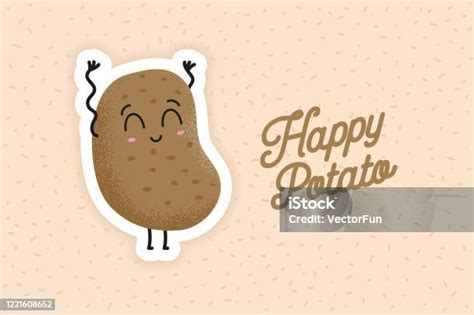 귀여운 갈색 만화 감자 캐릭터 웃고 패턴에 손을 흔들어 음식과 야채 스티커 개념입니다 행복한 웃는 재미 감자 벡터 플랫 만화