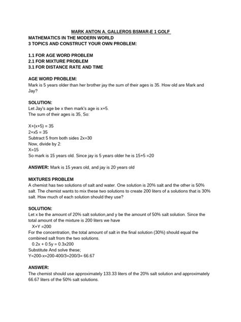 Solving Age Word Problem Mixtures Problem Distance Rate And Time Pdf