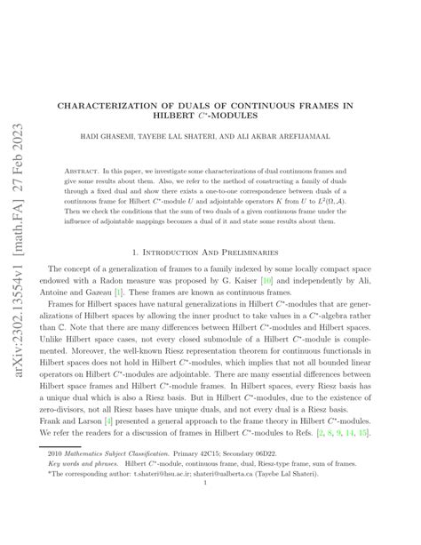 Pdf Characterization Of Duals Of Continuous Frames In Hilbert C Modules