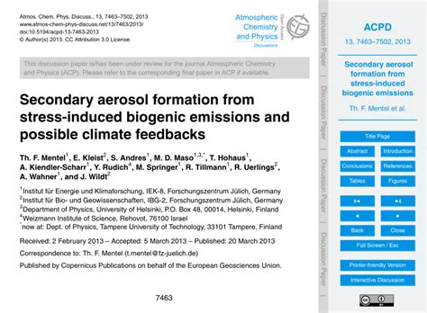 Pdf Secondary Aerosol Formation From Stress Induced Biogenic Emissions And Possible Climate