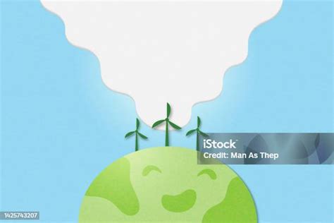 녹색 지구에 풍력 터빈 청정 에너지와 환경 친화적 인 배경 생태 및 환경 개념의 종이 예술 벡터 일러스트레이션 0명에 대한 스톡