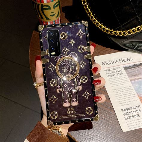 เคสโทรศัพท์มือถือ ทรงสี่เหลี่ยม ลายหมี พร้อมแหวนขาตั้ง หรูหรา สําหรับ