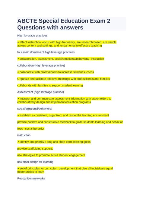 Abcte Special Education Exam 2 Questions With Answers Exams Advanced Education Docsity