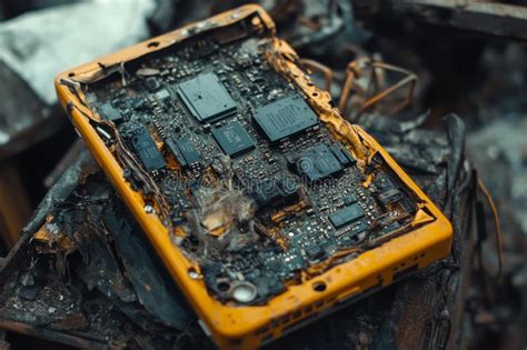 A Burnt Circuit Board Lies Charred And Damaged The Remnants Of Technology Reveal The