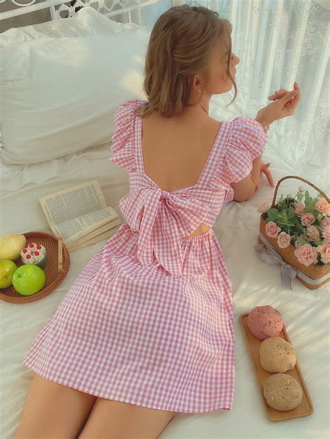 Aveloria Gingham Print Square Neck Butterfly Sleeve Tie Backless Dress Gingham Print