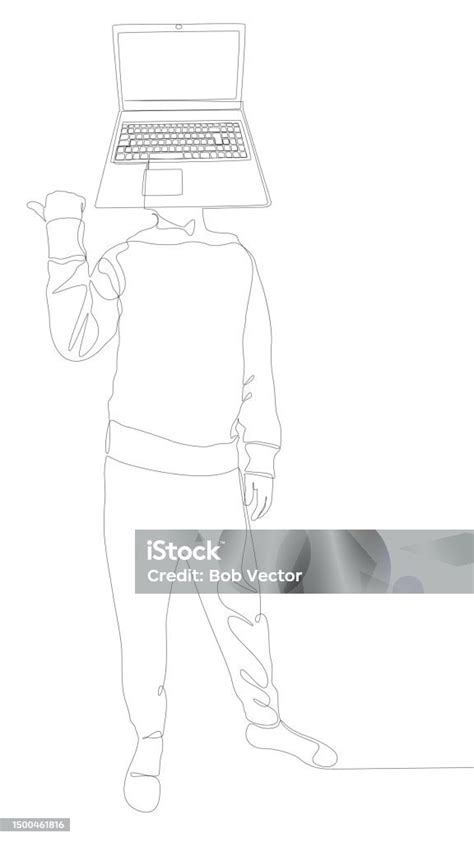 노트북 머리를 가진 남자가 손가락으로 가리키는 한 줄의 연속적인 라인 가는 선 그림 벡터 개념입니다 등고선 그리기 창의적인 아이디어 가리키기에 대한 스톡 벡터 아트 및 기타