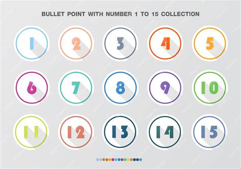 番号コレクション付きの弾丸。 1 から 15 までの数字。インフォ グラフィックのボタンとポイント。 プレミアムベクター