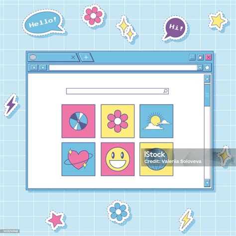 검색 창이 있는 브라우저 창입니다 복고풍 스타일의 사용자 인터페이스 오래된 컴퓨터의 미학 소셜 네트워크 템플릿을위한 템플릿 꽃