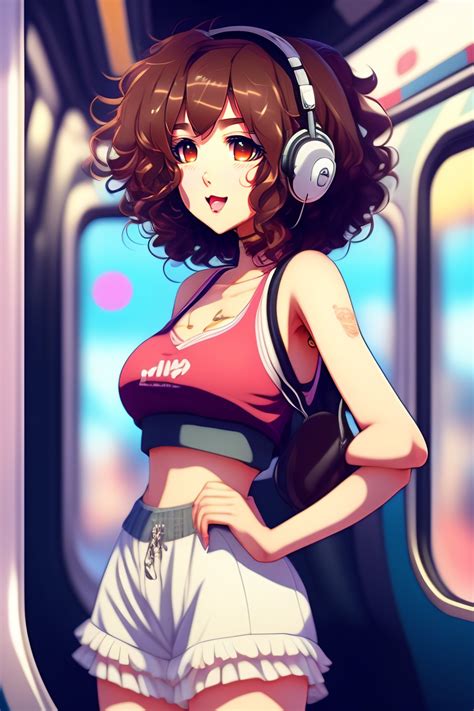 Anime Girl With Headphones And Curly Brown Hair