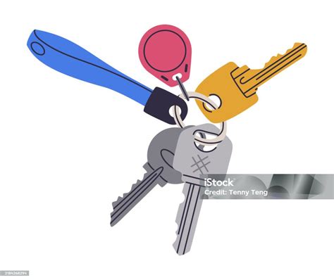 부동산 부동산 입구 열쇠 집 또는 아파트 문 열쇠 뭉치 열쇠 고리 및 플라스틱 태그 평면 벡터 그림 열쇠 고리가 있는 손으로 그린 열쇠 가정 생활에 대한 스톡 벡터 아트 및