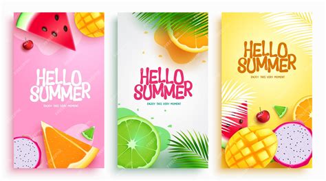 Premium Vector | Summer set vector poster design. hello summer text ...