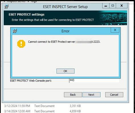cannot connect to eset protect with port 2223 eset inspect on prem