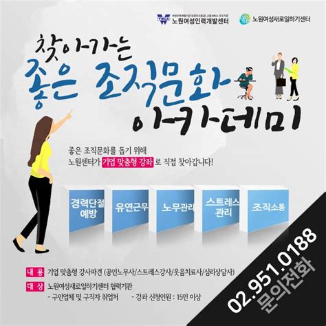 노원여성인력개발센터 노원센터 좋은 조직문화를 돕기 위해 노원센터가 기업 맞춤형 강좌로 직접