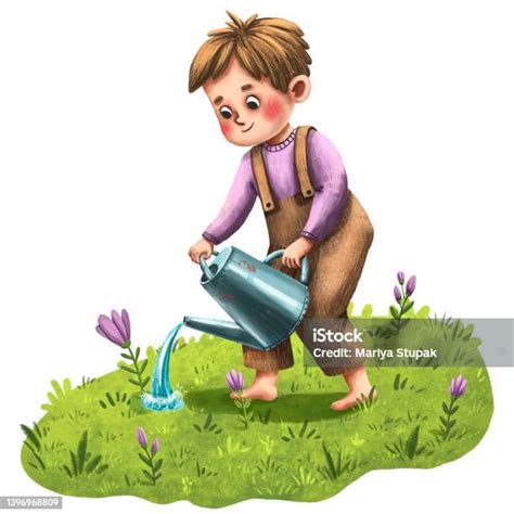 물 깡통을 가진 귀여운 소년의 재미있는 삽화 아기 캐릭터 스탠디그 어린 아이 화려한 초상화 행복한 캐릭터 그리는 사람 미취학