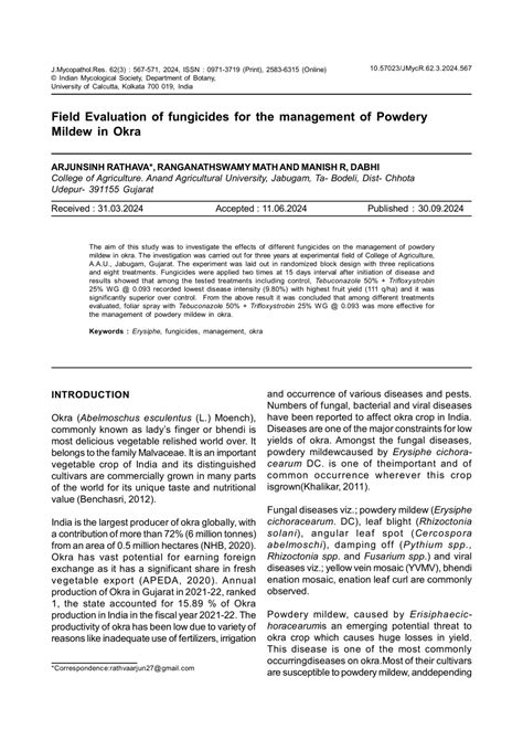 Pdf Field Evaluation Of Fungicides For The Management Of Powdery Mildew In Okra