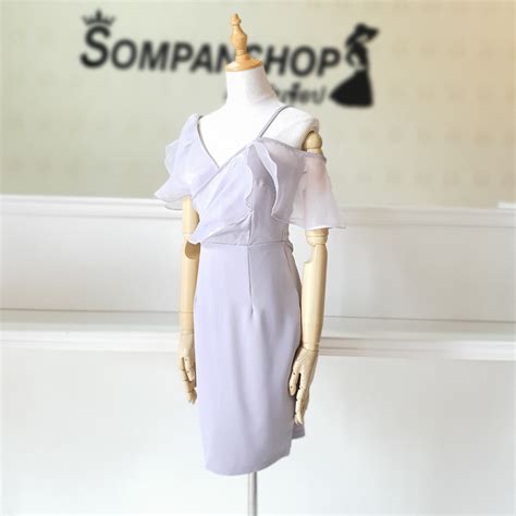 ชุดไปงานแต่งงานสีเทา เดรสสั้นแต่งระบายผ้าไหมแก้ว แบบน่ารัก สวยๆ เรียบหรูดูแพง ชุดราตรี ชุดไปงาน