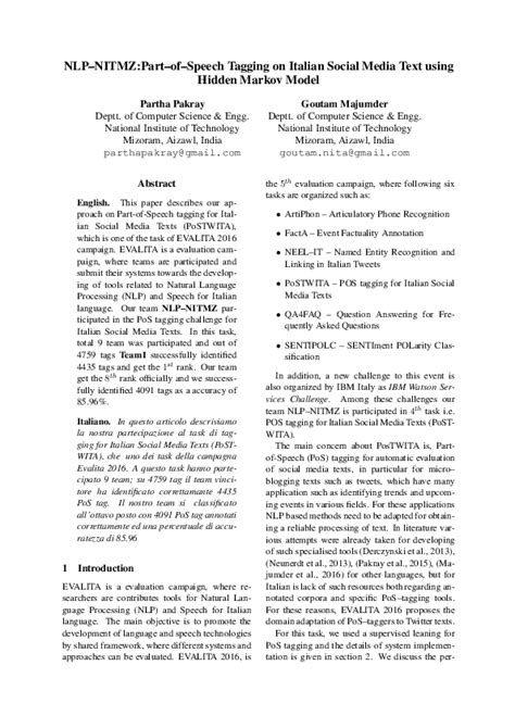 Pdf Nlpnitmzpartofspeech Tagging On Italian Social Media Text