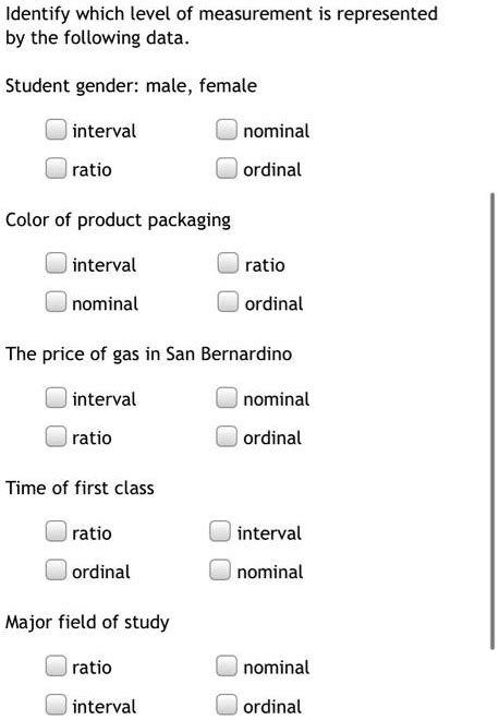 SOLVED Identify Which Level Of Measurement Is Represented By The Following Data Student Gender