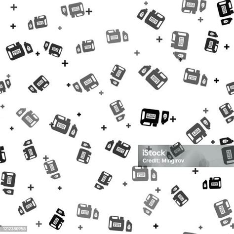 흰색 배경에 모터 기계 오일 아이콘 격리 원활한 패턴을위한 검은 색 플라스틱 캐니스터 오일 갤런 오일 변경 서비스 및 수리 엔진 오일 기호입니다 벡터 일러스트레이션 가능성에