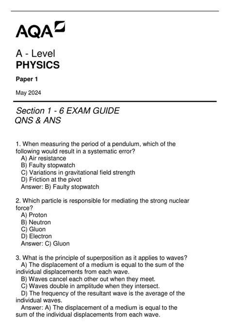 AQA A LEVEL PHYSICS PAPER SECTION EXAM GUIDE QNS ANS MAY