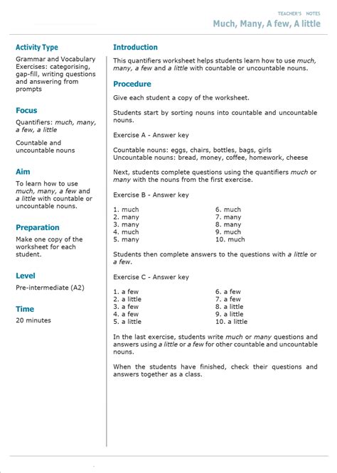 Quantifiers Worksheetteacher S Notes Cc