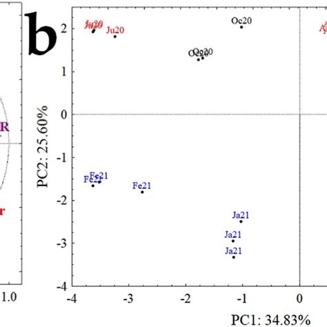 a loading plot of the pc1 vs pc2 with the respective variances b