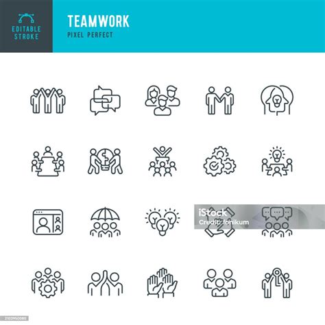 Teamwork Set Of Vector Linear Icons Pixel Perfect Editable Stroke The Set Includes A Teamwork